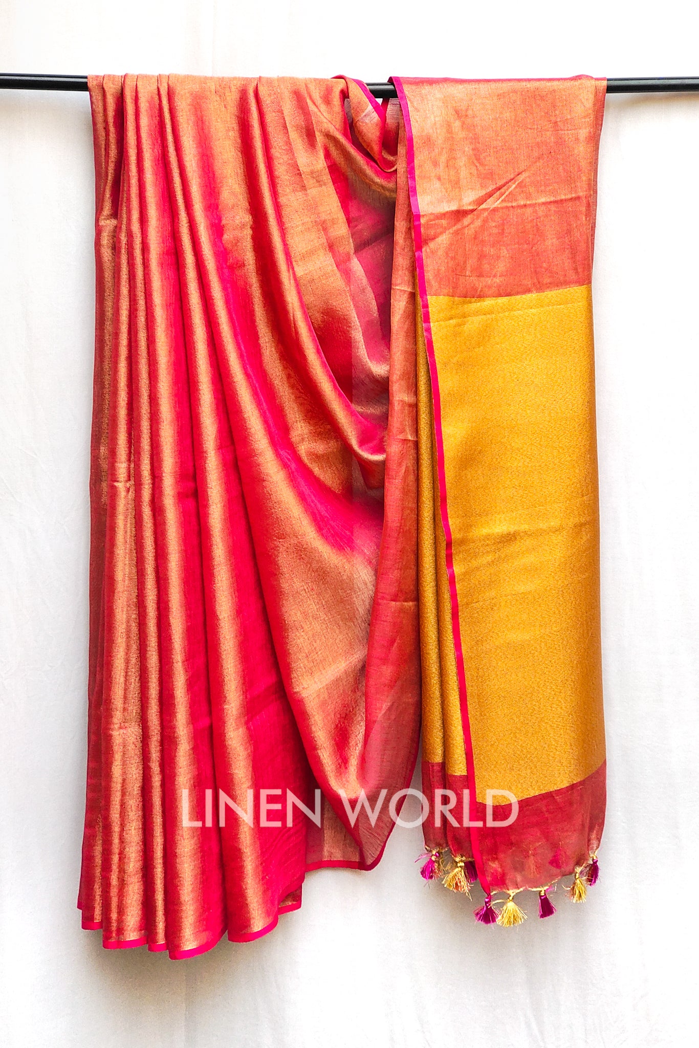 Millie - Buy Pink Zari Linen Sari Online | Linen World