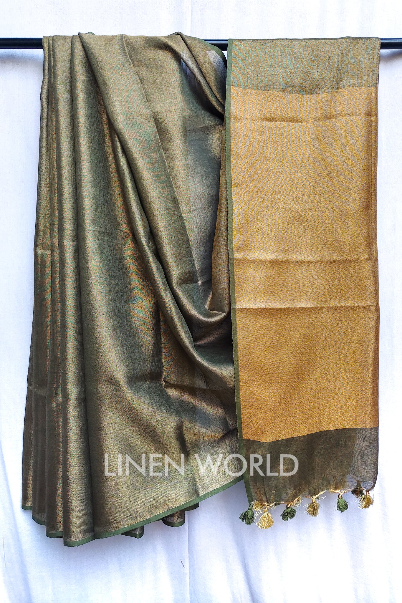 Egwene - Buy Olive Zari Linen Sari Online | Linen World