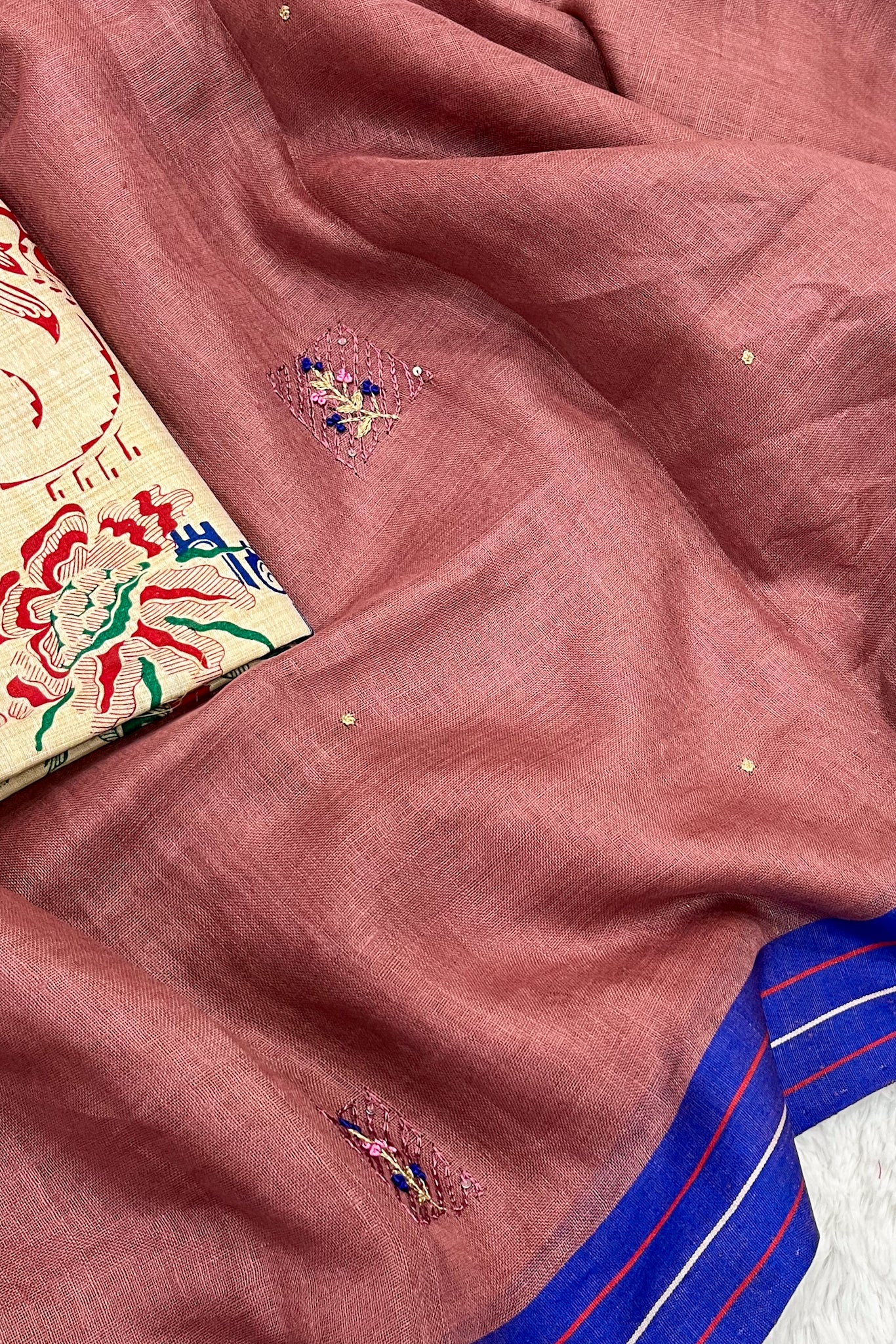 Nousheen - French Knot Hand Embroidered Linen Sari | Linen World