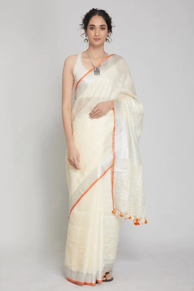 Cream Handwoven Pure Linen Saree | Linen World